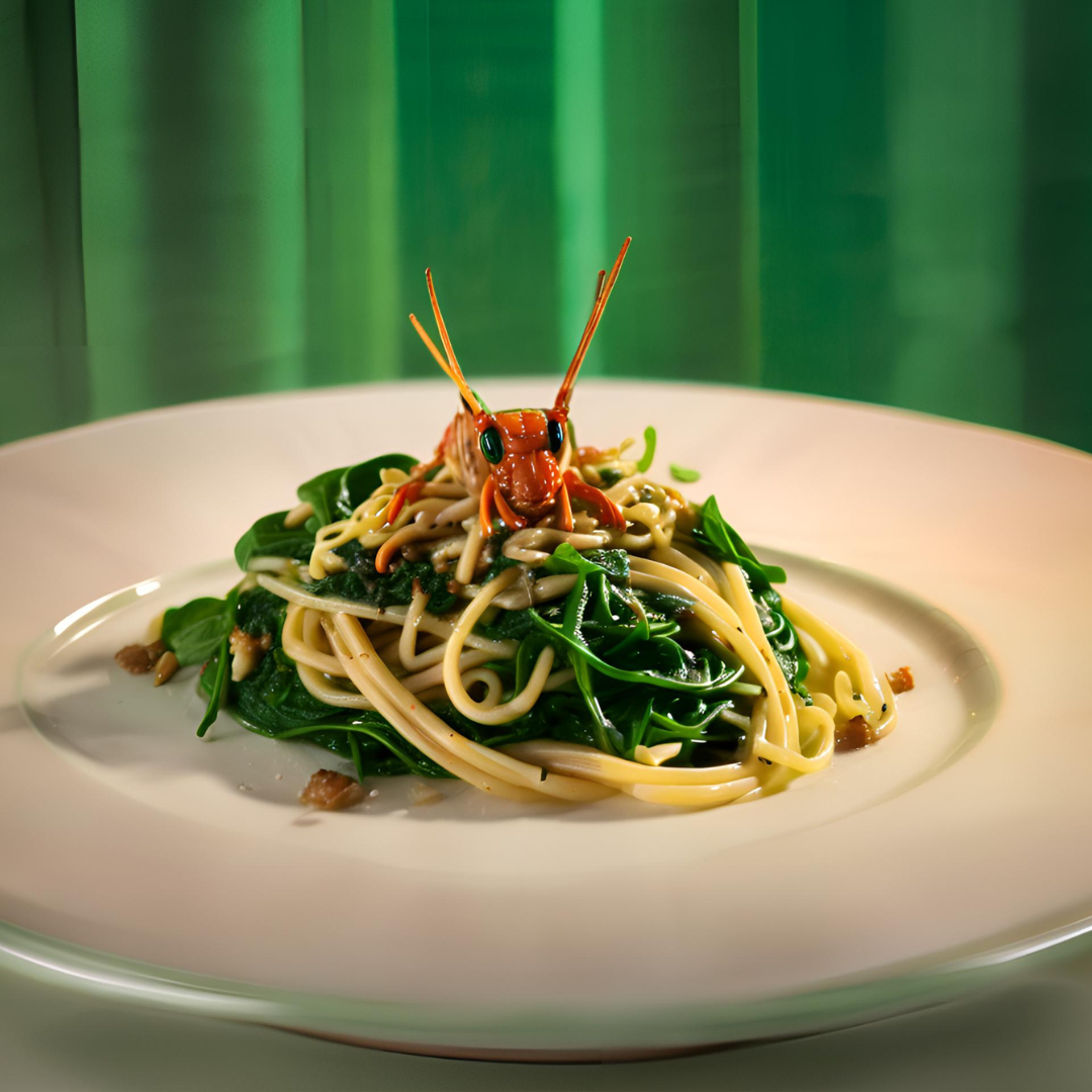 Entovegan Delight: 'Spinach Linguini' Crispy Grasshopper-Topped Spinach ...